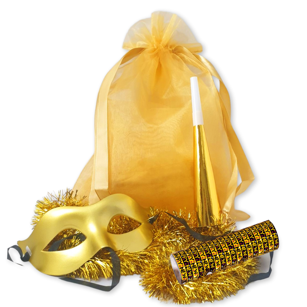 Cotillón dorado con antifaz. Un cotillón diferente para Nochevieja.